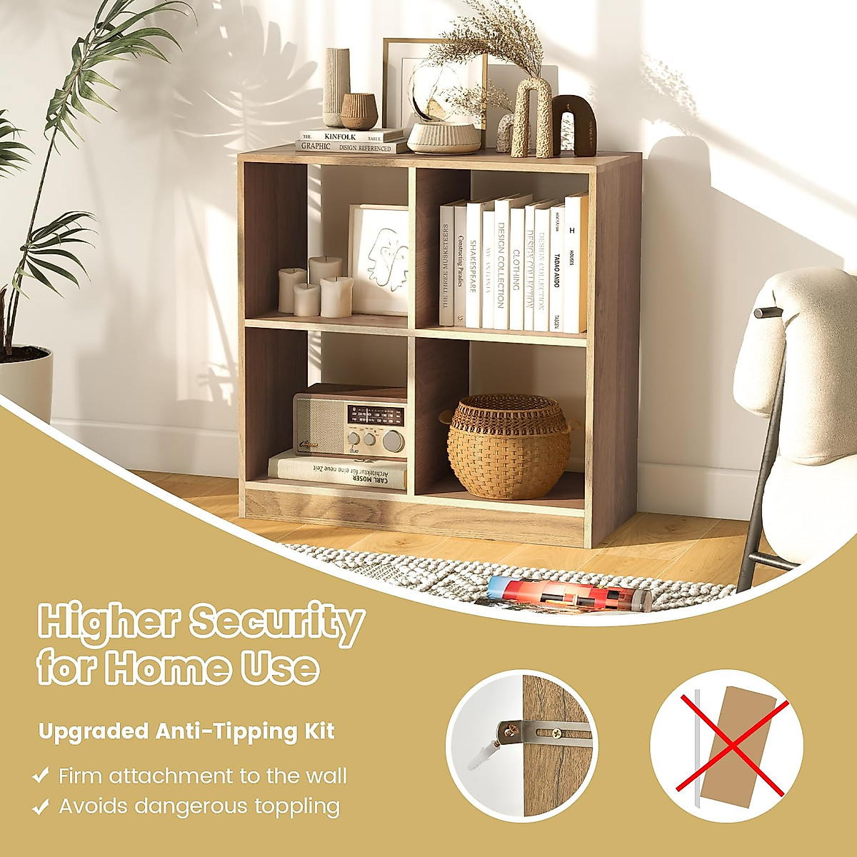 Tangkula 4-Cube Bookcase, Freestanding Open Bookshelf, 2 Anti-Tipping Kits, Home Office Modern Cube Storage Wooden Display Shelf for Living Room Kids Room, Easy Assembly (Natural, 29 x 13 x 29 Inch)