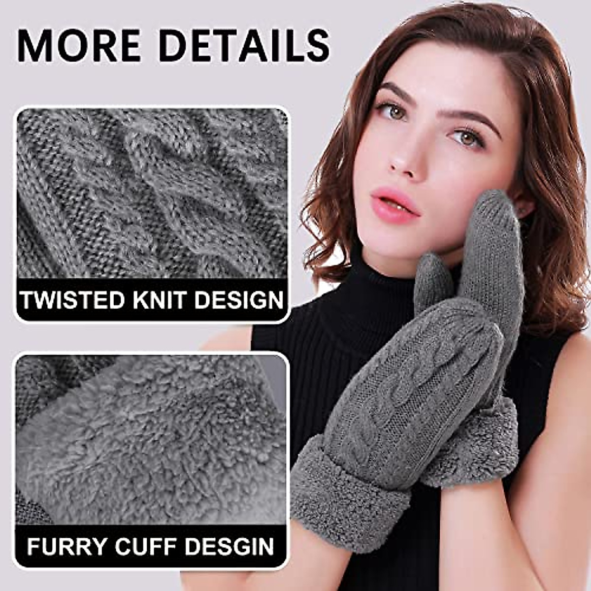 Women's Winter Gloves Warm Lining - Cozy Wool Knit Thick Gloves Mittens in 11 color (Beige+dark gray)