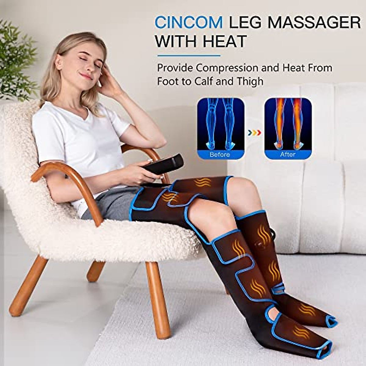 CINCOM Leg Massager with Heat, Air Compression Leg Massager for Circulation, Full Leg Massager with 3 Heats 3 Modes 3 Intensities Sequential Compression Device for Pain Relief