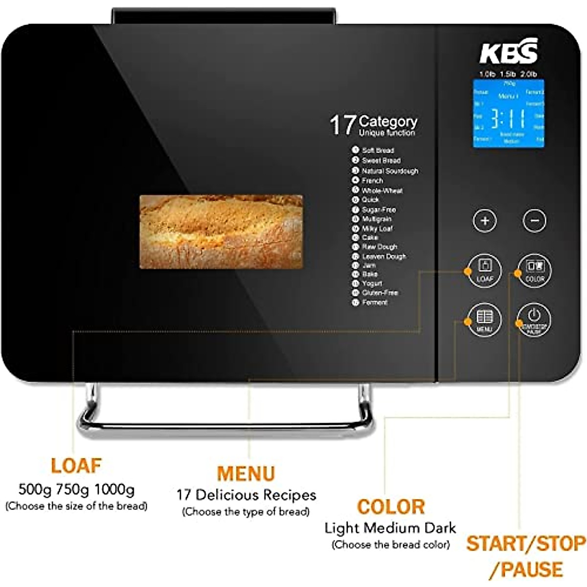 KBS Large 17-in-1 Bread Machine, 2LB All Stainless Steel Bread Maker with Auto Fruit Nut Dispenser, Nonstick Ceramic Pan, Full Touch Panel Tempered Glass, Reserve& Keep Warm Set, Oven Mitt and Recipes