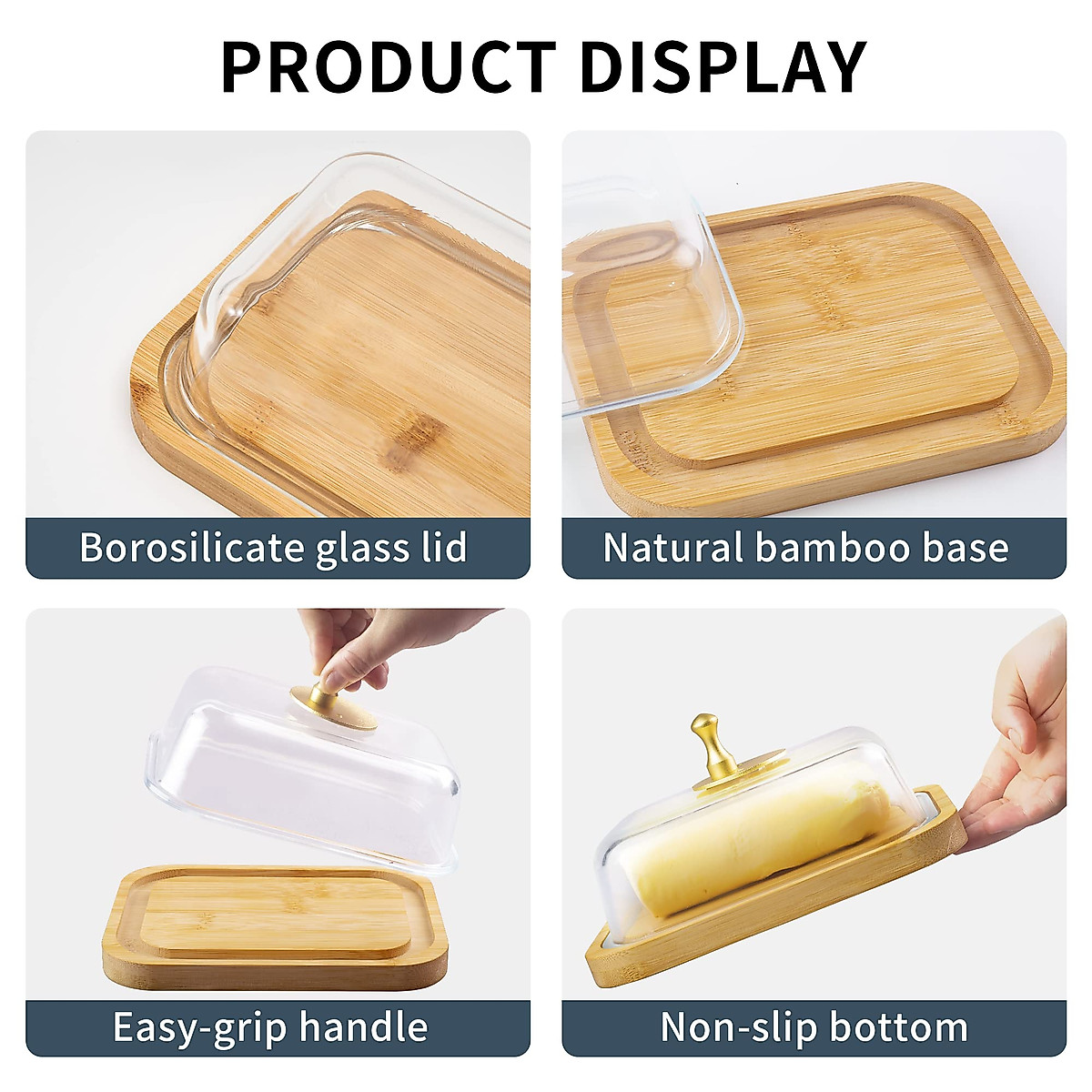 BTWD Glass Butter Dish with Lid for Countertop and Refrigerator, Extra Large Butter Keeper Container Storage with Handle for Fridge, Butter Holder for Counter, Butter Tray Clear Covered Butter Dishes