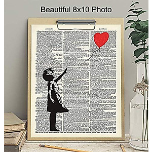 Banksy Wall Art - Upcycled Dictionary Graffiti Art Print, Girl With Balloon 8x10 Street Art Poster, Home Decor - Urban Wall Art Print and Room Decorations - Makes a Great Gift - 8x10 Photo Unframed