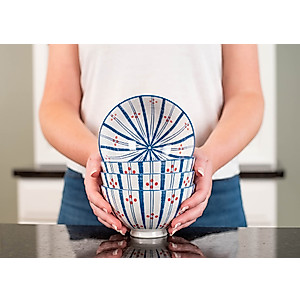 Nat & Jules Stripes and Dots White 18 ounce Ceramic Cereal Ramen Bowls Set of 4