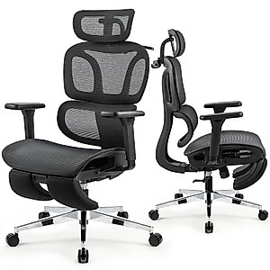 Ergonomic Office Chair with Footrest, Coat Hanger, Breathable All Mesh Home Office Desk Chair, Big and Tall Computer Chair with Metal Legs, Dynamic Lumbar Support, 4D Armrest, 3D Headrest, Black