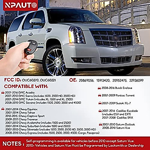 NPAUTO Key Fob Replacements for Chevy Silverado Equinox Traverse Tahoe Avalanche Suburban 2007-2013 GMC Sierra 1500 2500 HD Acadia Saturn Pontiac Buick Keyless Entry Remote Start Control Key, 15913421