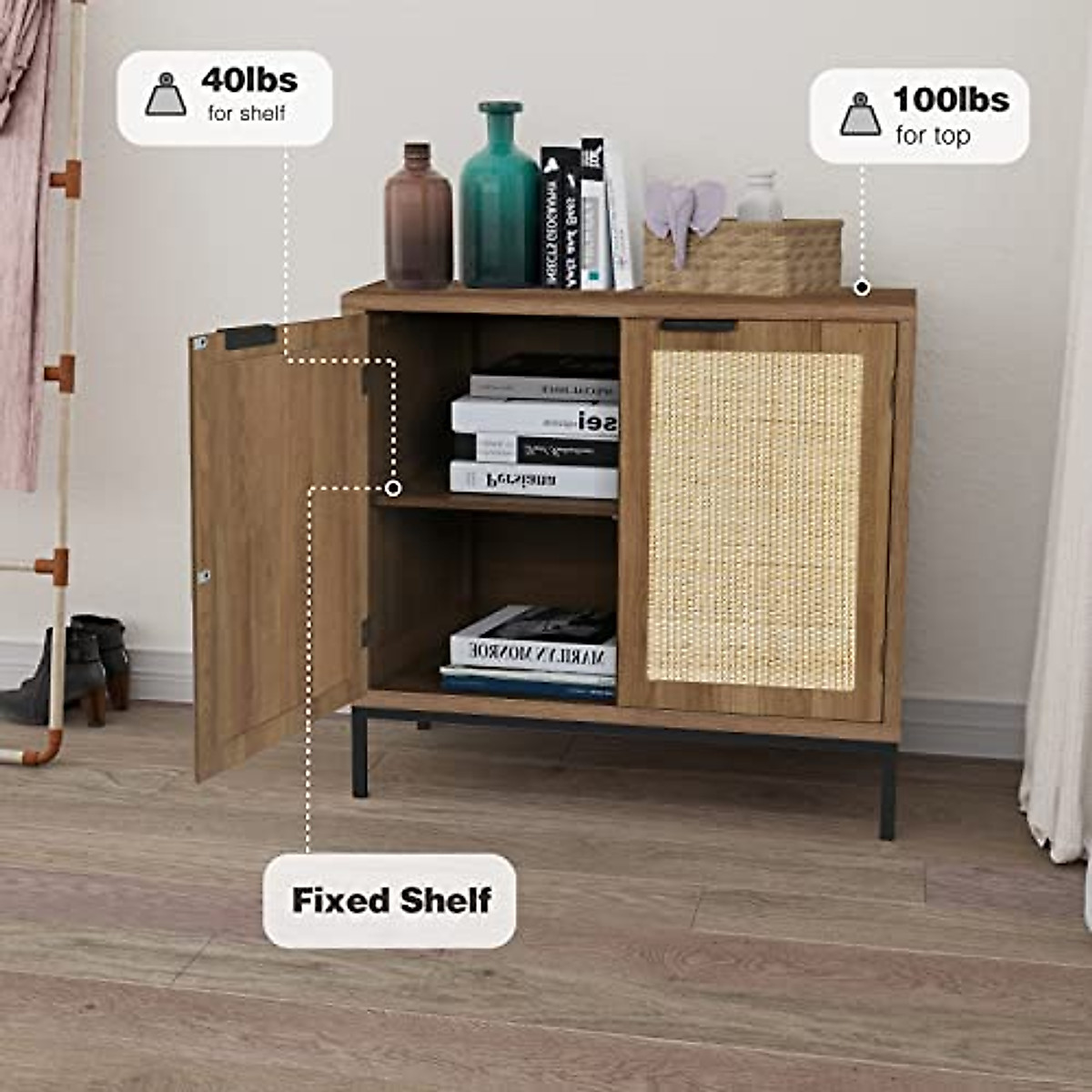 Anmytek Rustic Oak Accent Storage Cabinet with 2 Rattan Doors, Mid Century Natural Wood Sideboard Furniture for Living Room H0045