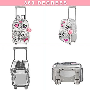 JSMNIAI Girls Rolling Backpack Sequin Panda Rolling Wheels Backpacks for Elementary Preschool Roller Luggage with Lunch Box