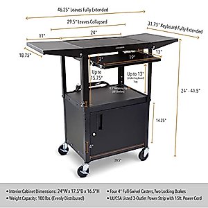 Line Leader AV Cart with Locking Cabinet and Drop Leaves | Height Adjustable Utility Cart with Extra Storage | Power Strip and Cord Management | Great for Presentations (Black / 46 x 18)