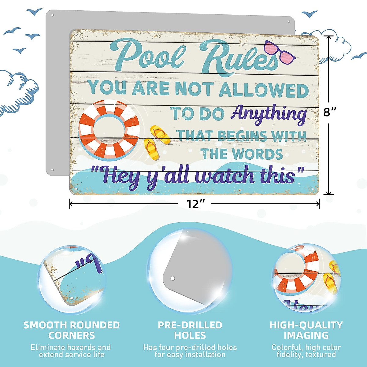 Rousen Pool Decor Sign, Pool Decorations Outdoor, Perfect for Beach, Home, Bar, Pool Deck, and Backyard Walls, Metal Sign Dimensions are 12x8 Inch, 4 Holes for Easy Hanging - Pool Rules