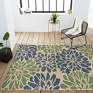 JONATHAN Y SMB110B-9 Zinnia Modern Floral Textured Weave Indoor Outdoor Area-Rug Bohemian Coastal Easy-Cleaning Bedroom Kitchen Backyard Patio Non Shedding, 9 X 12, Navy/Green