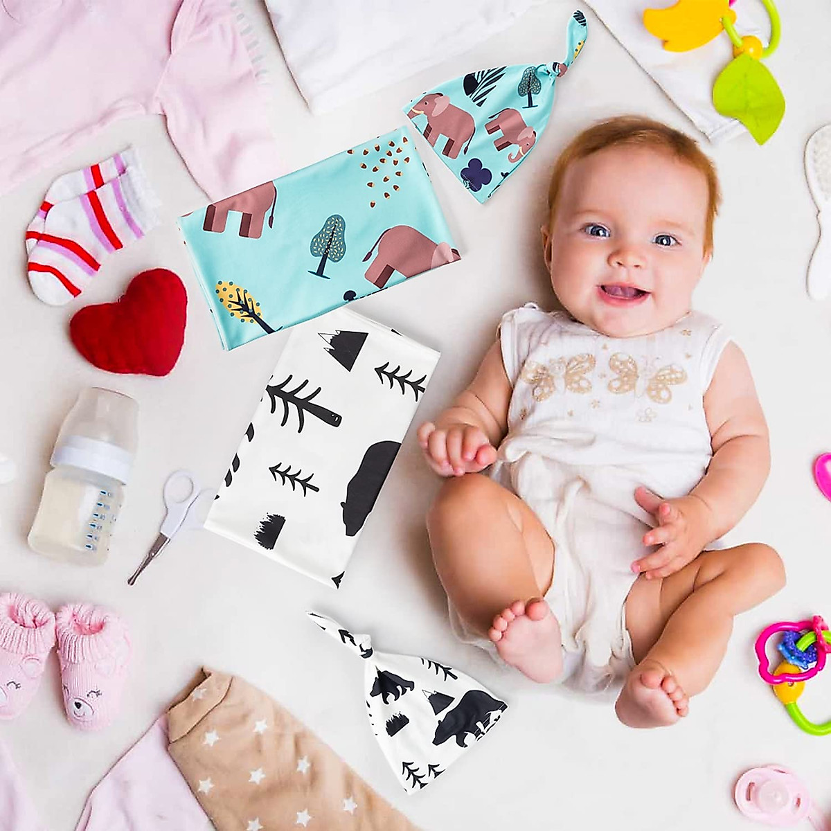 2pack Newborn Swaddle Blanket with Beanie Hat Set, Baby Stretchy Cotton Swaddle Sack 0-3 Months Infant Soft Sleep Sack Wrap Neutral Receiving Blanket for Baby Boy Girl (Bear & Elephant)