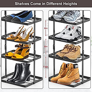 Shoe Rack Shoe Organizer for Plus Size Shoes, Modern Free Standing Shoe Shelf with Hooks, Sturdy Space Saving Metal Shoe Storage Vertical Narrow Shoe Stand for Entryway Closets, 6 Tiers Black