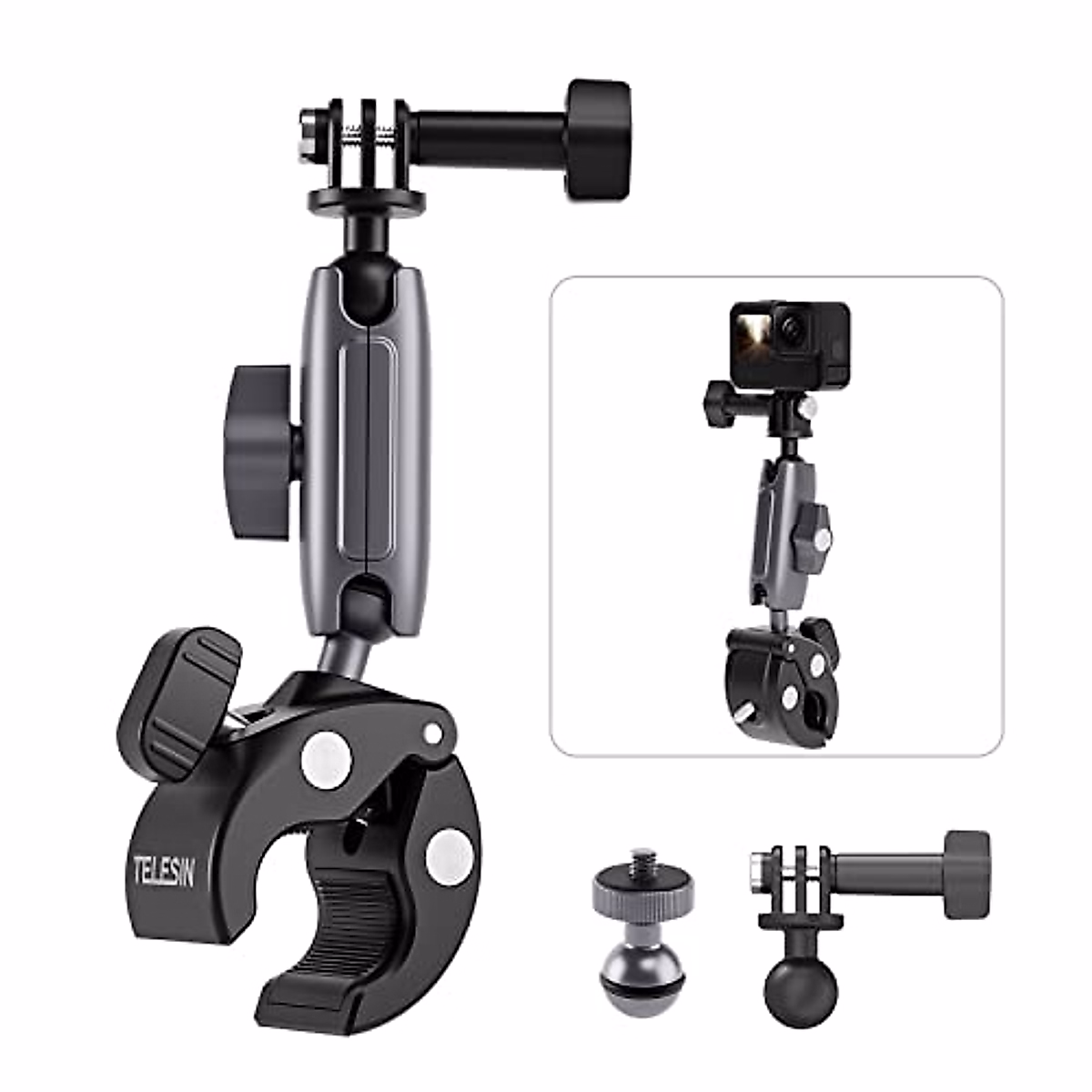 TELESIN Camera Clamp Handlebar Bike Mount 360° Double Ballhead Magic Arm with 1/4"-20 Thread for Motorcycle Monitor Canon Nikon DSLR/Gopro/LED Lights/Ronin-M/Ronin MX/Freefly MOVI