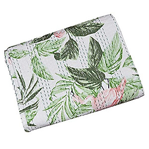 SHIRANYA Cotton Kantha Quilt Bedspread Queen Indian Handmade Flamingo and Leaf Print Throw Blanket Reversible Traditional Patchwork Stitched Bedding Comforter Decorative (90x108 Inch/220x274 cm)