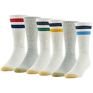 GOLDTOE Men's 656S Cotton Crew Athletic Socks, Multipairs, Stripe White/Light Blue Assorted (6-Pairs), Large