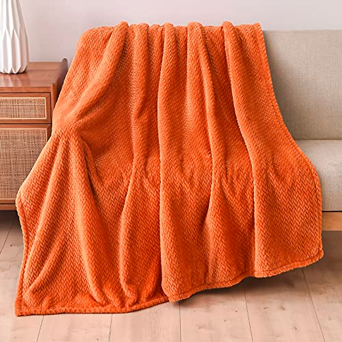 NEWCOSPLAY Super Soft Throw Blanket Premium Silky Flannel Fleece Leaves Pattern Lightweight Blanket All Season Use (Orange, Throw(50"x60"))