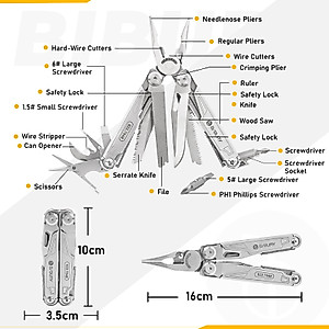 Gifts for Men Dad, BIBURY Multitool, 19-in-1 Stainless Steel Multi Tool with Fold-able Pliers, Screwdriver Sleeve, Scissors, Nylon Pouch, Muti-tool for Camping Survival Hiking Hunting Repairing