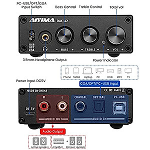 AIYIMA DAC-A2 Headphone Amplifier DAC with Bass Treble Controls PC-USB/Optical/Coaxial Inputs, RCA/3.5mm Headphone Ouput Digital to Analog Desktop Audio Converter 5V 24Bit 192kHz