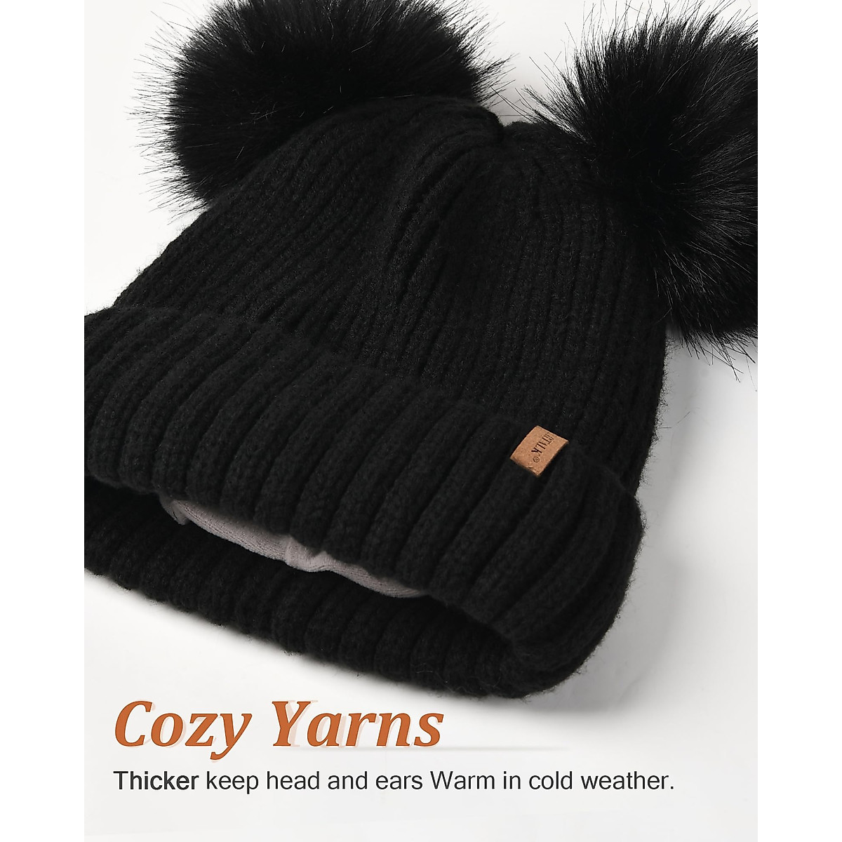 FURTALK Fleece Lined Cute Winter Beanie Hats for Women Girls Warm Knit Hats with Double Faux Fur Pom Poms