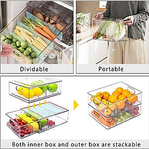 MineSign 9 Pack Stackable Fridge Organizer Drawer Pull-Out Bins with Handles Large Clear Food Container with Removable Dividers Refrigerator Storage box Divided Produce Saver for Pantry Kitchen