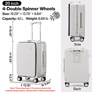 mixi Carry On Luggage with Cup Phone Holder and Charger Hard Shell Suitcases with Spinner Wheels, 20 Inch Smoke White