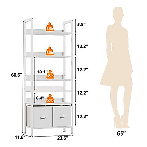 Furologee 5 Tier Bookshelf with Drawers, White Tall Bookcase with Shelves, Wood and Metal Bookshelves Storage Organizer, Modern Display Free Standing Shelf Unit for Bedroom, Living Room, Office