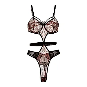 Maiyifu-GJ Women Deep V One Piece Lingerie Bandage Halter Teddy Babydoll Mini Bodysuit Hollow Backless High Cut Underwear (Red,Medium)