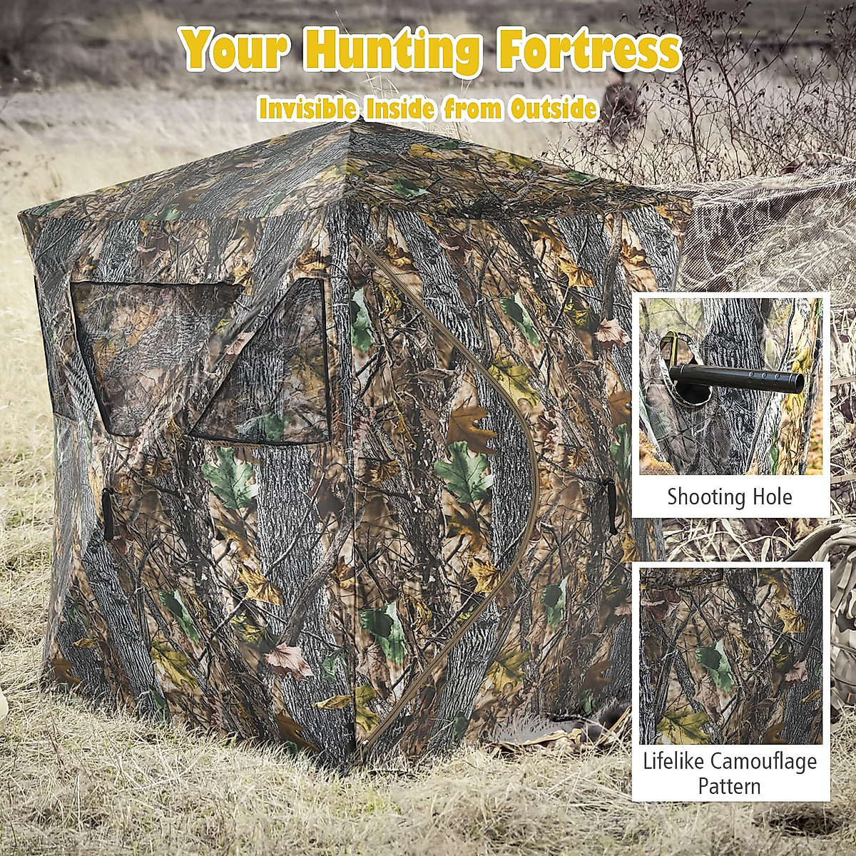 HAPPYGRILL Portable Hunting Blind with 360 Degree Mesh Windows, Pop up Camouflage Hunting Tent with Carrying Bag & Ground Stakes