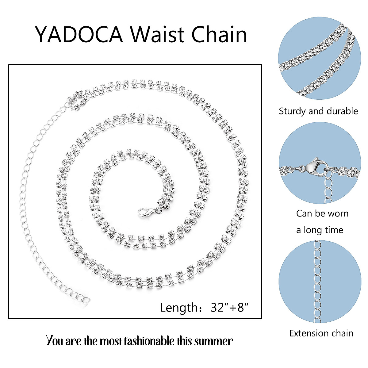 YADOCA 5Pcs Belly Chain Jewelry For Women Layered Waist Chain Gold Boho Rhinestone Pearl Adjustable Body Chain Jewelry for Summer Beach Bikini Rave