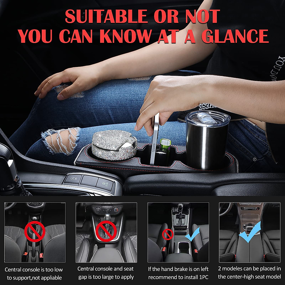 Drink Holder Console Side Pocket,Auto Front Seat Organizer Car Console and Seat Gap Cup/Mobile Phone Holder Storage Box,Large Capacity with 3 Cup Holders,1 - Pack