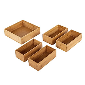 Seville Classics Bamboo Wood Storage Bins Organizer Boxes for Kitchen Counter, Pantry, Closet, Office Bedroom, Makeup, Bathroom, Nursery, K Cup, 5 Piece 3-Size (1 XL, 2L, 2M) Shelf Bin Set, Bamboo
