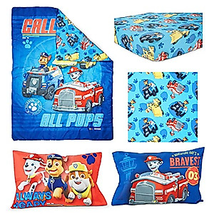 Paw Patrol Calling All Pups 4 Piece Toddler Bedding Set - Includes Quilted Comforter, Fitted Sheet, Top Sheet, and Pillow Case for Boys Bed, Blue