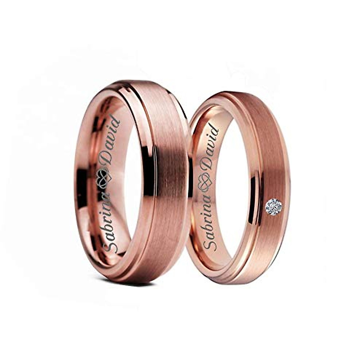 Personalized Rose Gold Tungsten Ring Set Custom Engraved Free - Couple's Ring Set - Wedding Band Set - Ships from USA