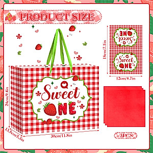 Strawberry 1st Birthday Gift Bag Red Berry Birthday Decorations Large Sweet One Birthday Wrapping Bag with Tissue Paper and Greeting Card for Girl Baby Shower Berry First Birthday Party Supplies