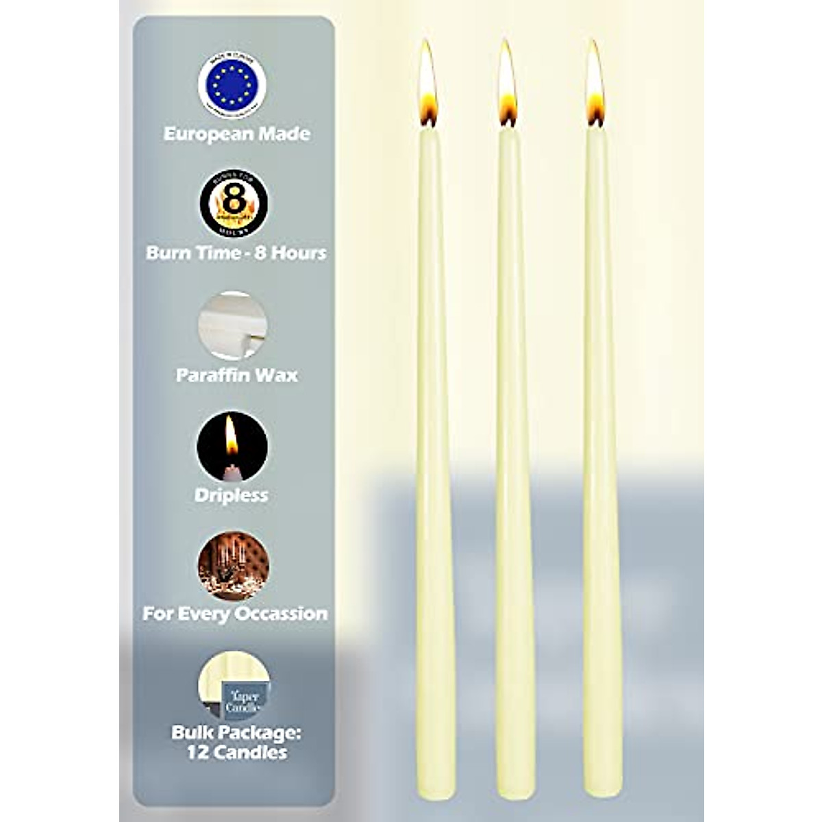 12 Pack Tall Taper Candles - 10 Inch Ivory Dripless, Unscented Dinner Candle - Paraffin Wax with Cotton Wicks - 8 Hour Burn Time