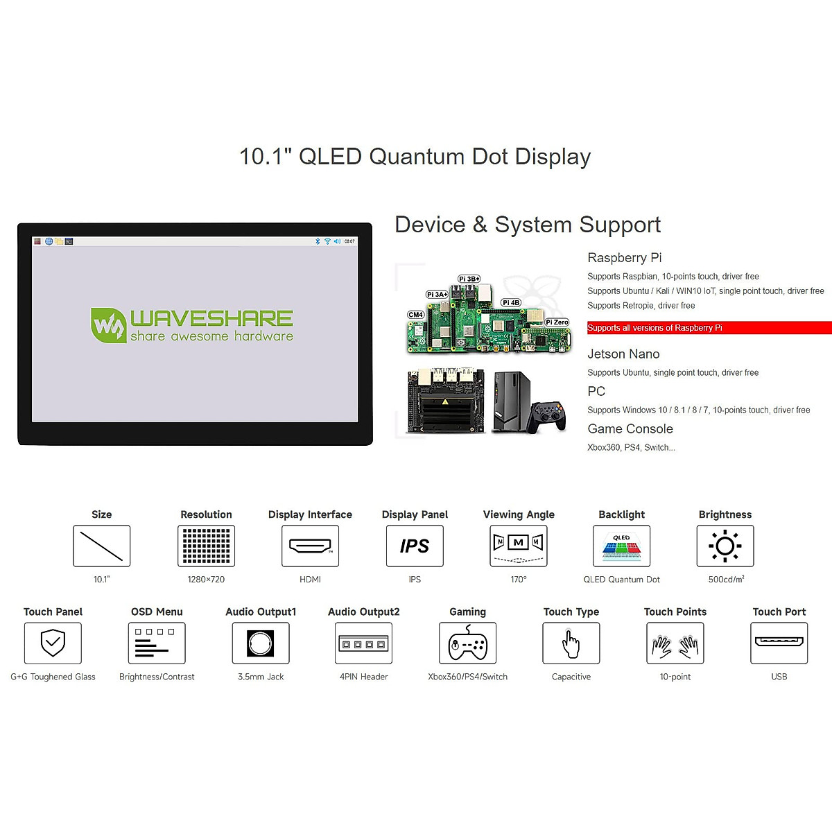 waveshare 10.1inch QLED Quantum Dot Display Compatible with Raspberry Pi 4B/3B+/3A+/2B/B+/A+/Zero/Zero W/WH/Zero 2W CM3+/4 Capacitive Touch 1280×720 Resolution Supports Jetson Nano/Windows