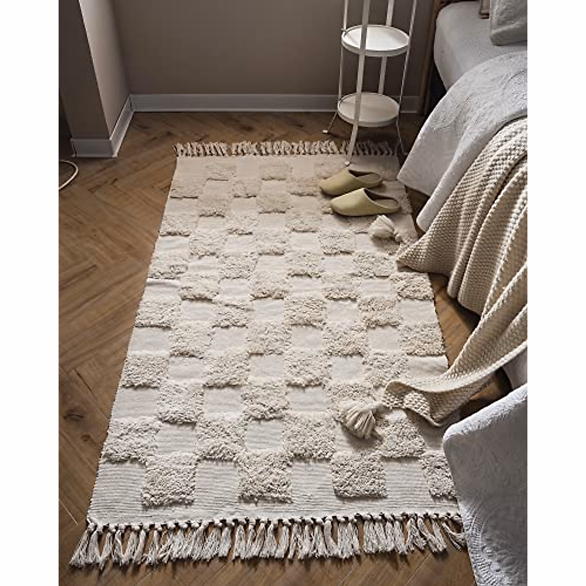 Lahome Boho Living Room Rug, 3x5 Checkered Bath Entryway Rug Farmhouse Washable Kitchen Rug with Tassels, Non-Shedding Beige Throw Rug Tufted Woven Rug for Bedroom Dressing Room Office