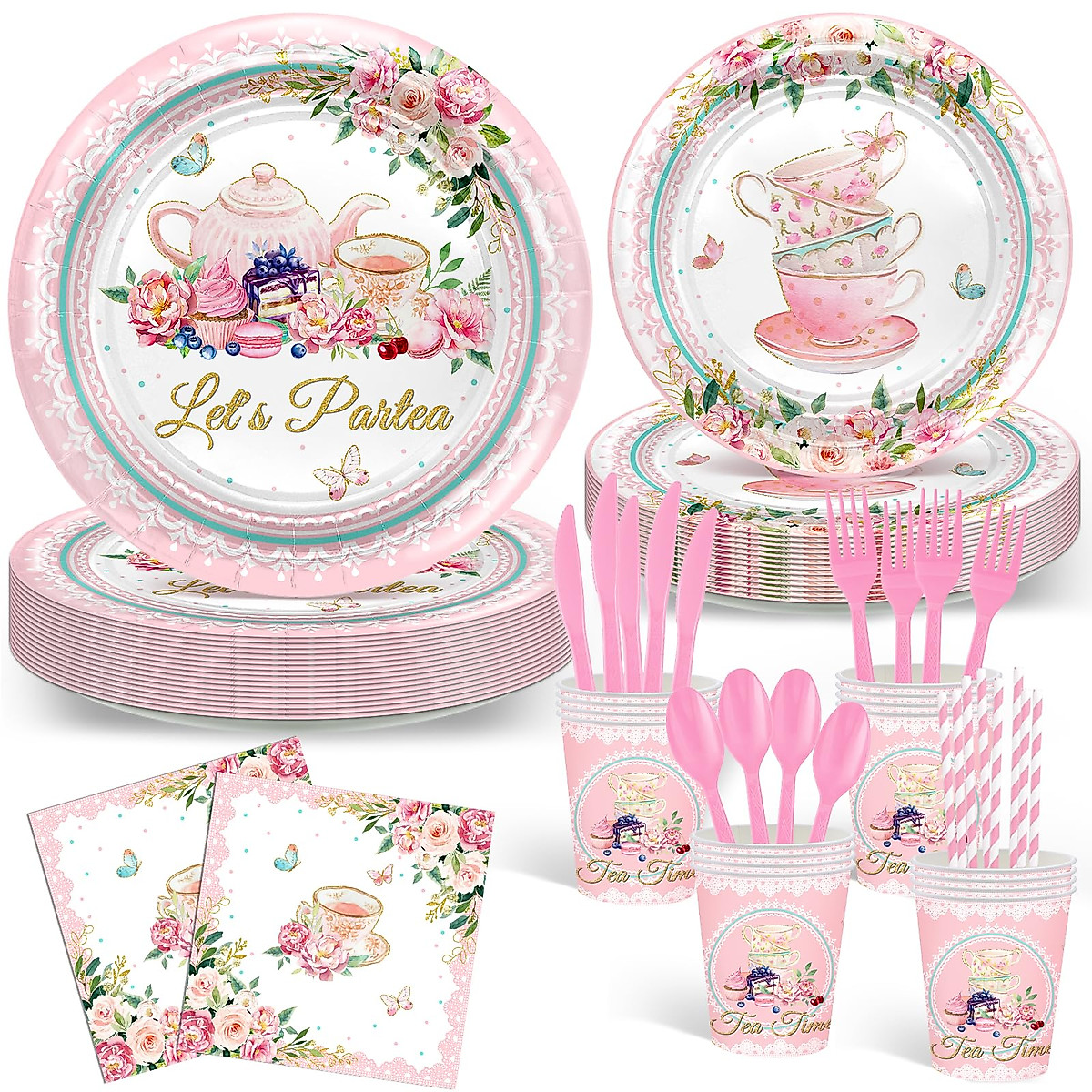 Avezano 192 Pcs Tea Party Decorations Tea Party Plates and Napkins Sets Floral Lets Partea Tableware Tea Party Supplies for Baby Shower Bridal Shower Wedding Birthday Decor Serves 24 Guests