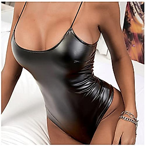 Bodysuit for Women Fashion PVC Leather Wet Look Teddy Lingerie Bodycon One Piece Sexy Deep V Babydoll Jumpsuit