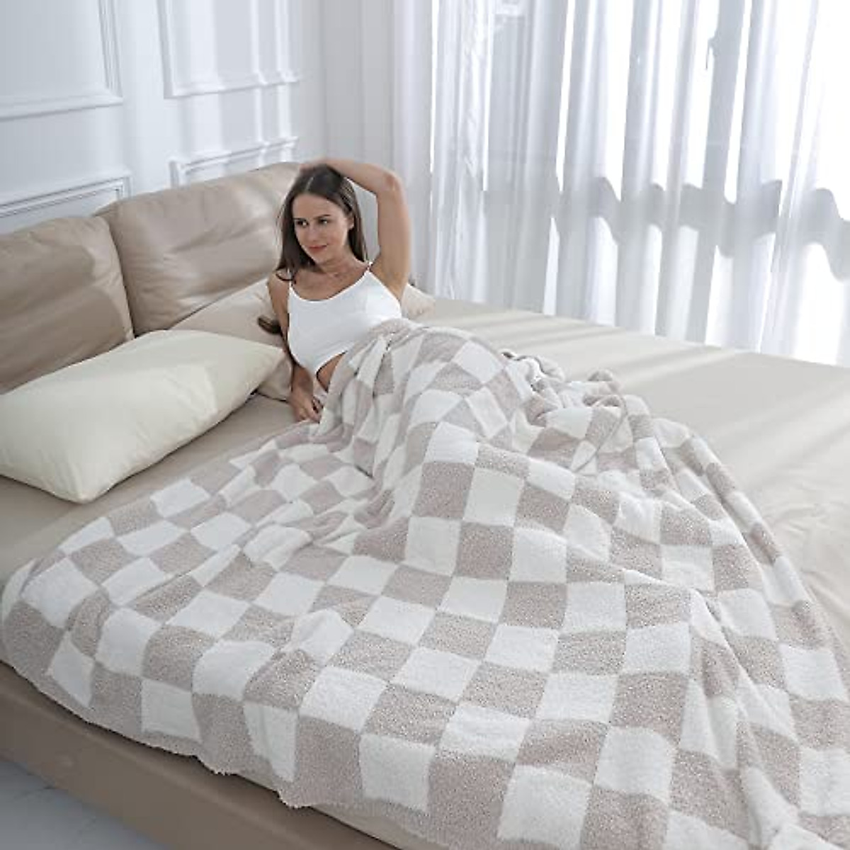 bearberry Fuzzy Checkerboard Grid Throw Blanket Knitted Soft Cozy Warm Microfiber Blanket Decor for Couch Sofa Bed Travel Home (Cream, 50''x60'')