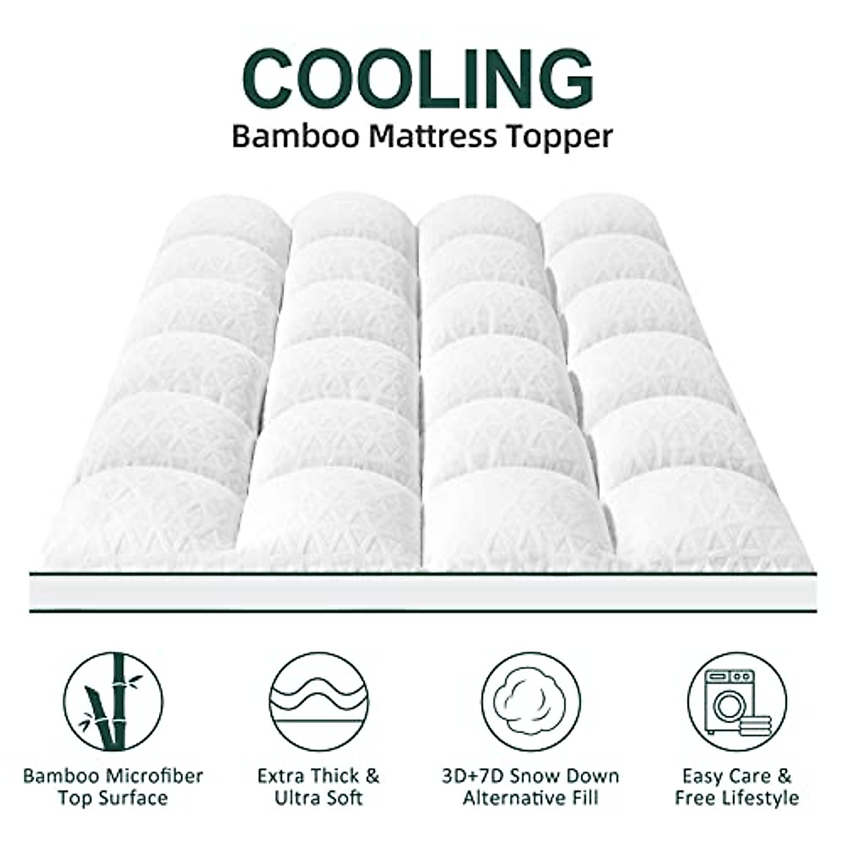 HARNY Bamboo Mattress Topper Queen Size, Cooling Breathable Extra Thick Mattress Pad Cover for Back Pain Relief Down Alternative Overfilled Plush Pillow Top with 8-21 Inch Deep Pocket