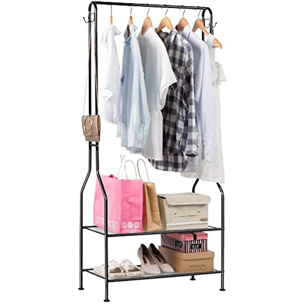 OSGP Heavy Duty Commercial Grade Clothing Garment Rack, 2-Tier Entryway Metal Coat Rack and Shoe Bench Storage Stand with Single Rod and 4 Hooks for Home Office Bedroom Max Capacity 66.1lbs, Black