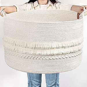 TIMEYARD Large Decorative Basket, 21.7'' x 13.8'' Cotton Rope Blanket Basket Living Room Toy Baskets Storage Kids, Baby Laundry Baskets for Dirty Clothes Pillows Towel, 90L White