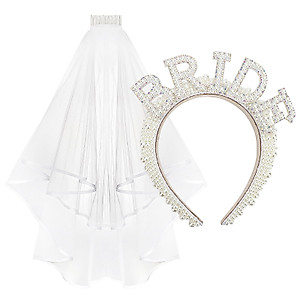 Jaciya Pearl Bride Headband with Veil - Bridal Shower and Bachelorette Party Decoration Gift