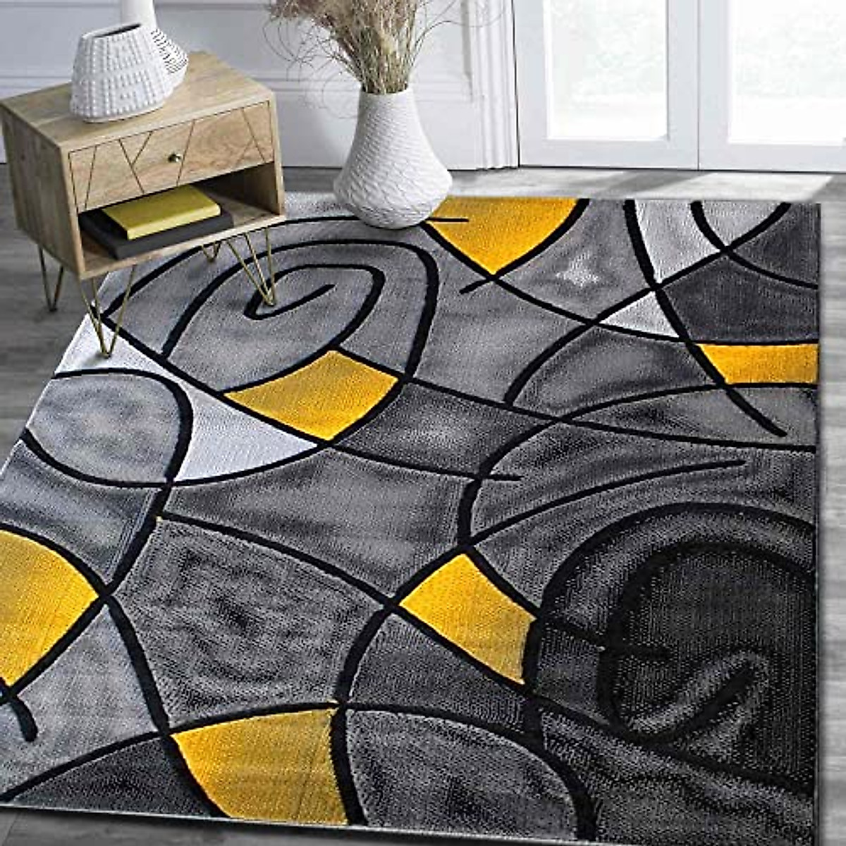 HR Orangish Yellow/Grey/Silver/Black/Abstract Area Rug Modern Contemporary Circles | Bedroom Rug with Wave Design Pattern (5' x 7')