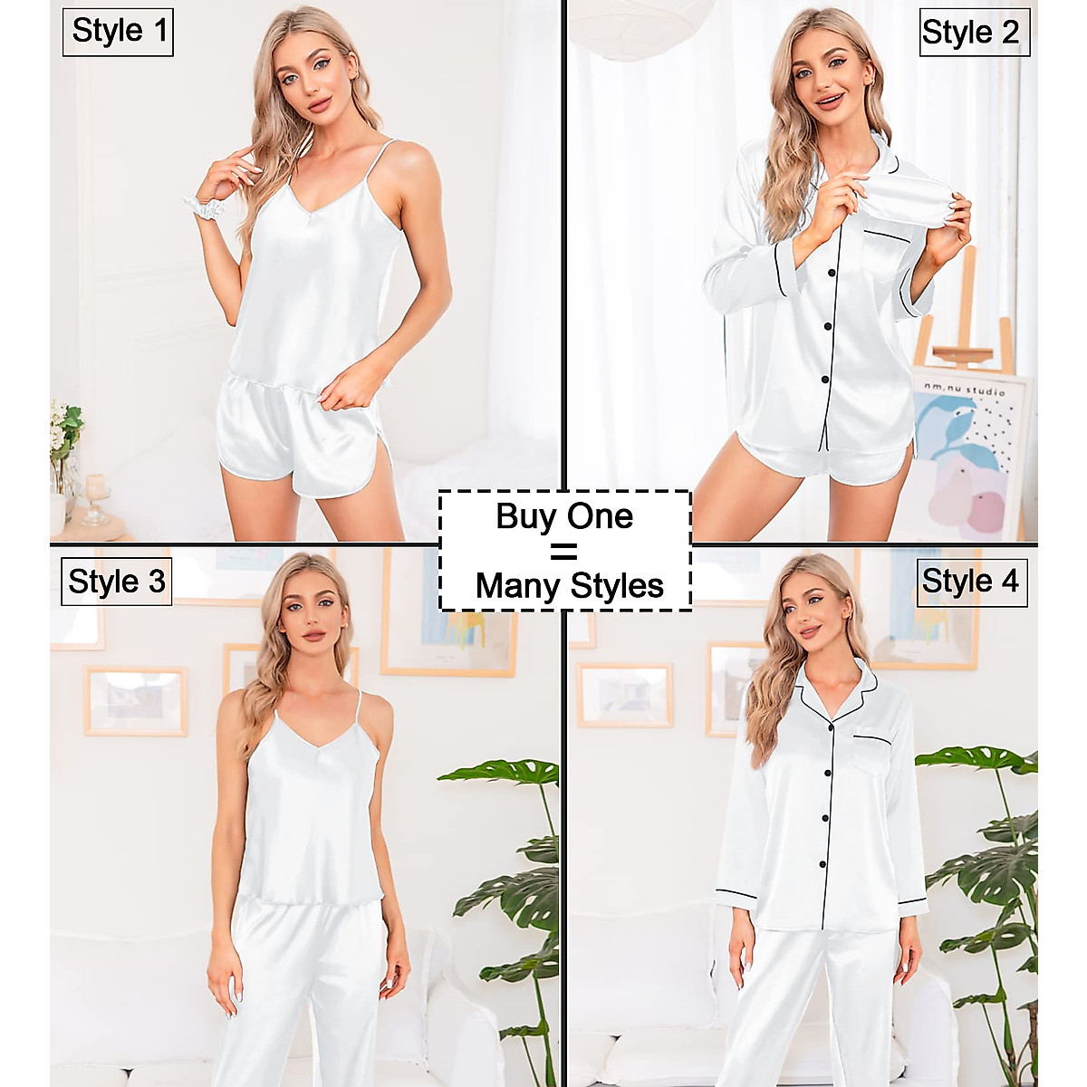 SWOMOG Women's 7 Pcs Silk Satin Pajamas Set Long Sleeve Button Down Sleepwear Cami Shorts Pjs Set with Eye Mask White XX-Large