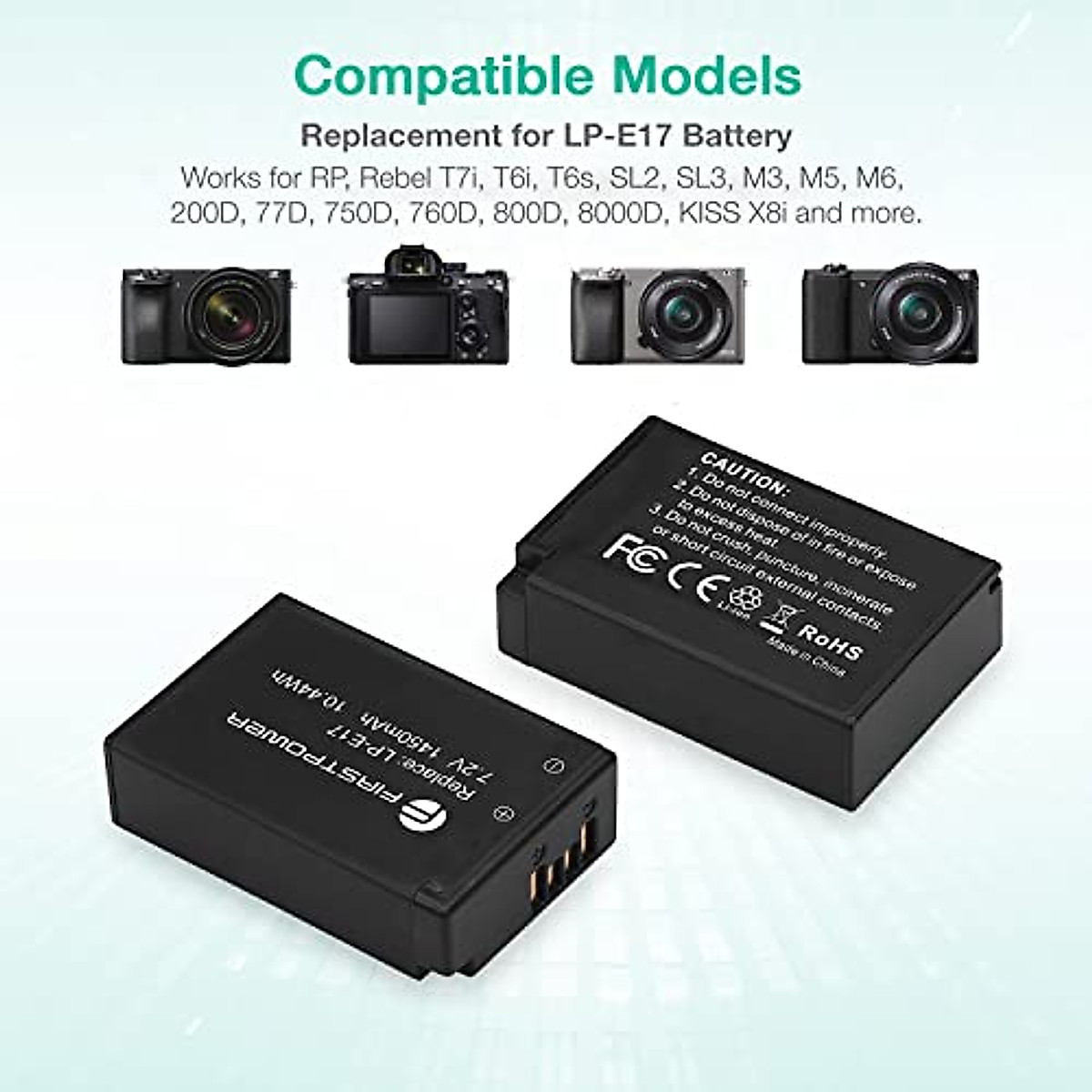 FirstPower 2-Pack LP-E17 Battery and Dual USB Charger Compatible with Canon EOS RP, Rebel T6i, T7i, T8i, T6s, SL2, SL3, M3, M5, M6, 200D, 77D, 750D, 760D, 800D, 8000D Digital SLR Camera