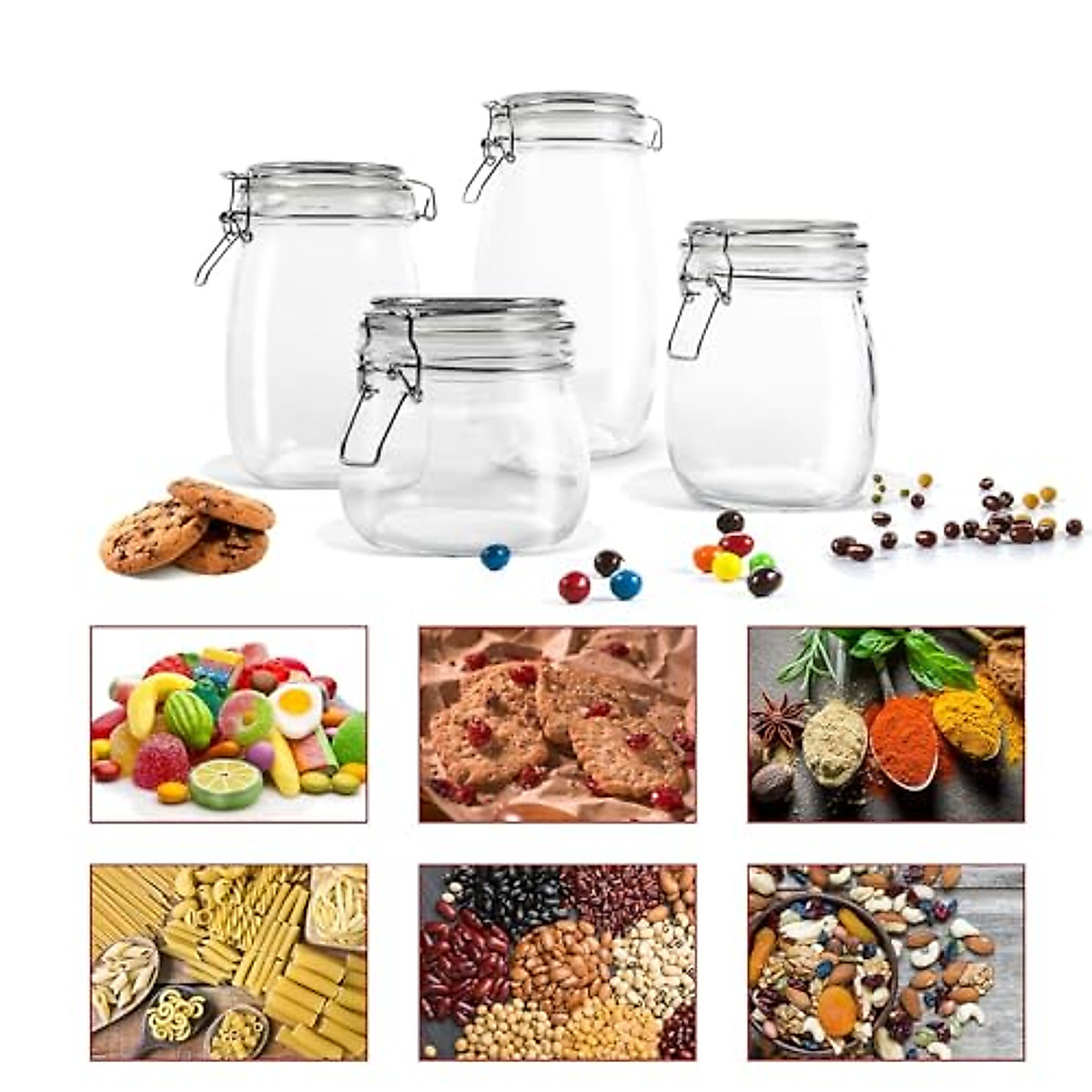 Masthome Glass Jars with Airtight Lids, Set of 4, Kitchen Preserving Storage Glass Canisters Bottles for Cereal Cookies Sugar Coffee Pickles Gifted 15 Pcs Food Storage Bags