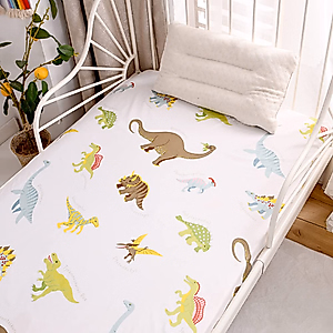 NATURETY Bedding Fitted Sheet with Deep Pocket,Dino Printed Fabric Bed Sheets,Soft Dino Pattern Sheets for Kids Twin Size Bed (White(Dinosaur), Twin)