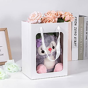 Sdootjewelry Gift Bag with Window, 10pcs White Paper Tote with Transparent Window, 9.8" x 5.1" x 7.0"Transparent Bouquet Gift Bags With Handle, Kraft Paper Gift Bags with Transparent Window